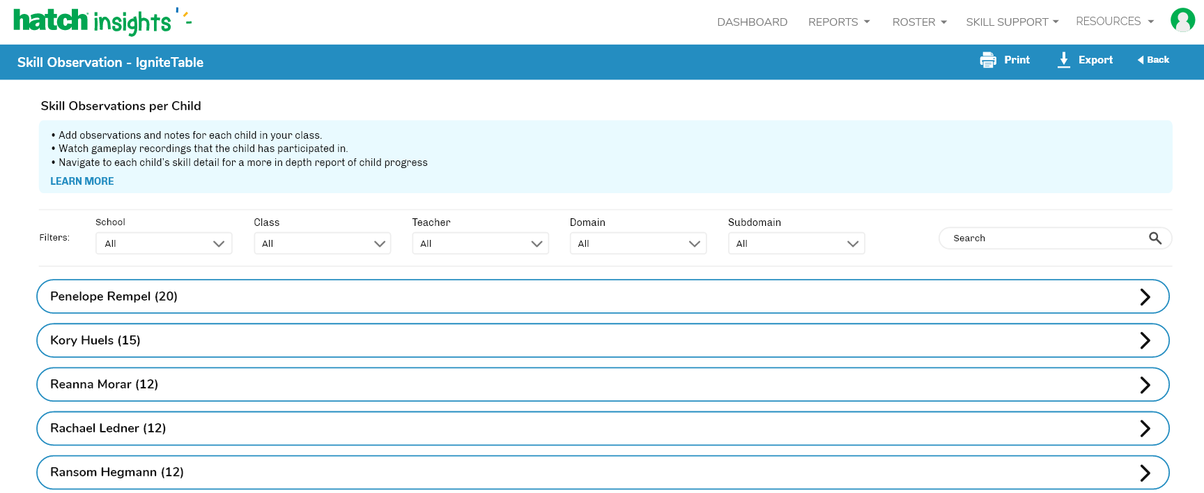 [Org Admins, School Admins, Teachers] IgniteTable Skill Observations – Hatch Support